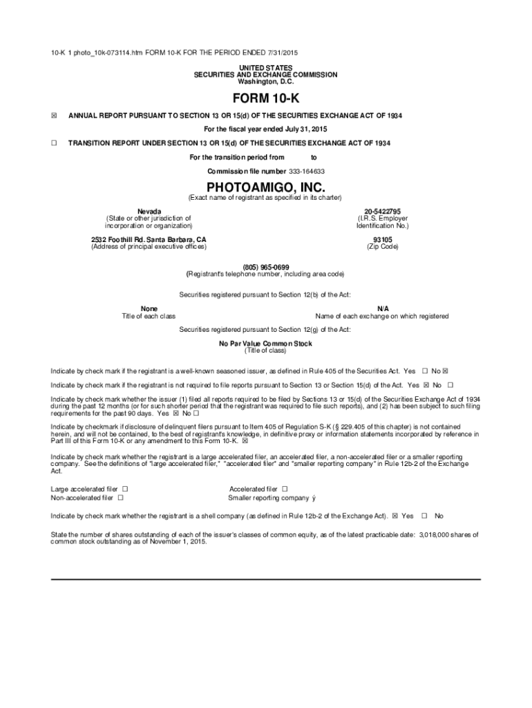 Fillable Online Form 10-k for the Period Ended 7/31/2015 Fax Email ...
