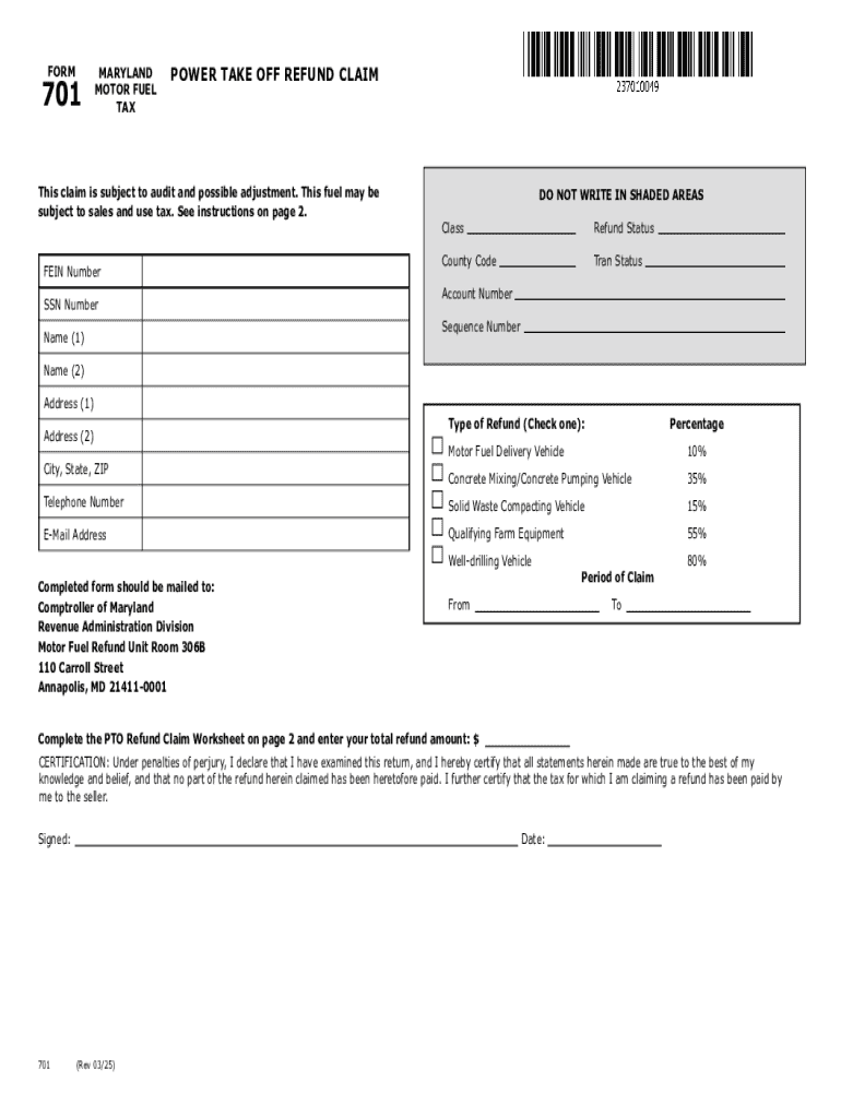 Fillable Online Maryland Motor Fuel Tax Power Take Off Refund Claim Fax ...