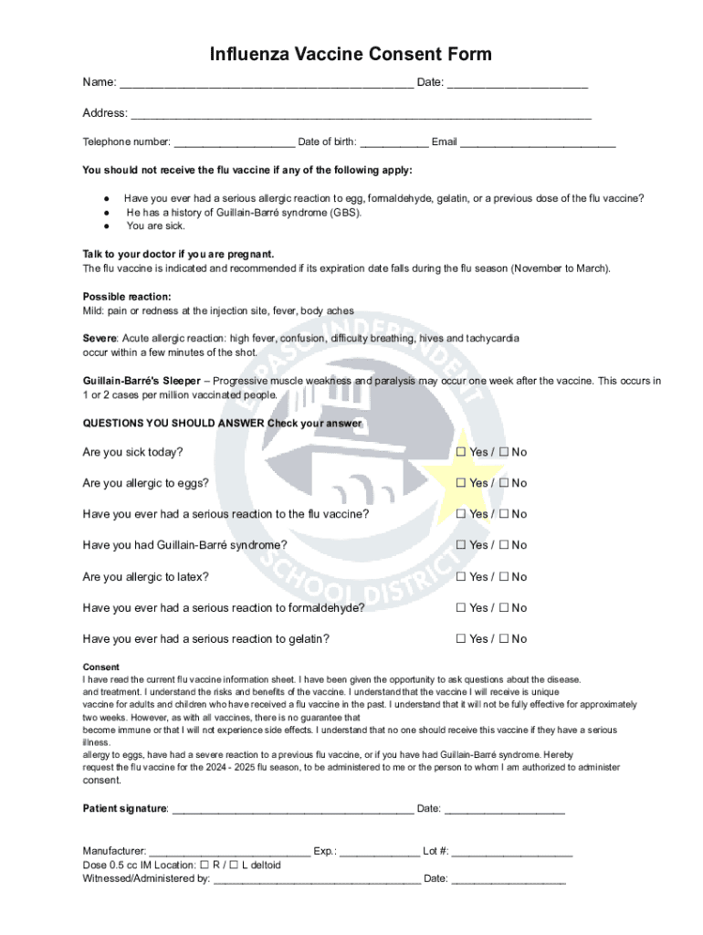 Fillable Online Influenza Vaccine Consent Form Fax Email Print - pdfFiller
