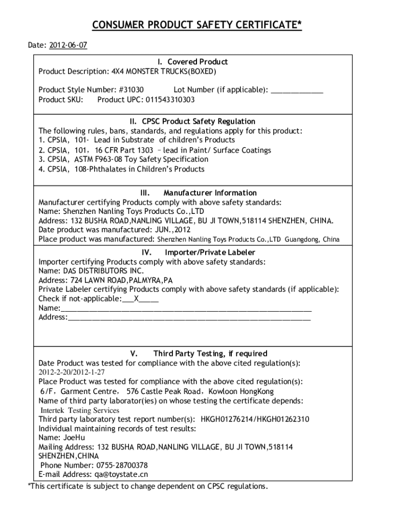 Fillable Online Consumer Product Safety Certificate for 4x4 Monster Trucks Fax Email Print ...