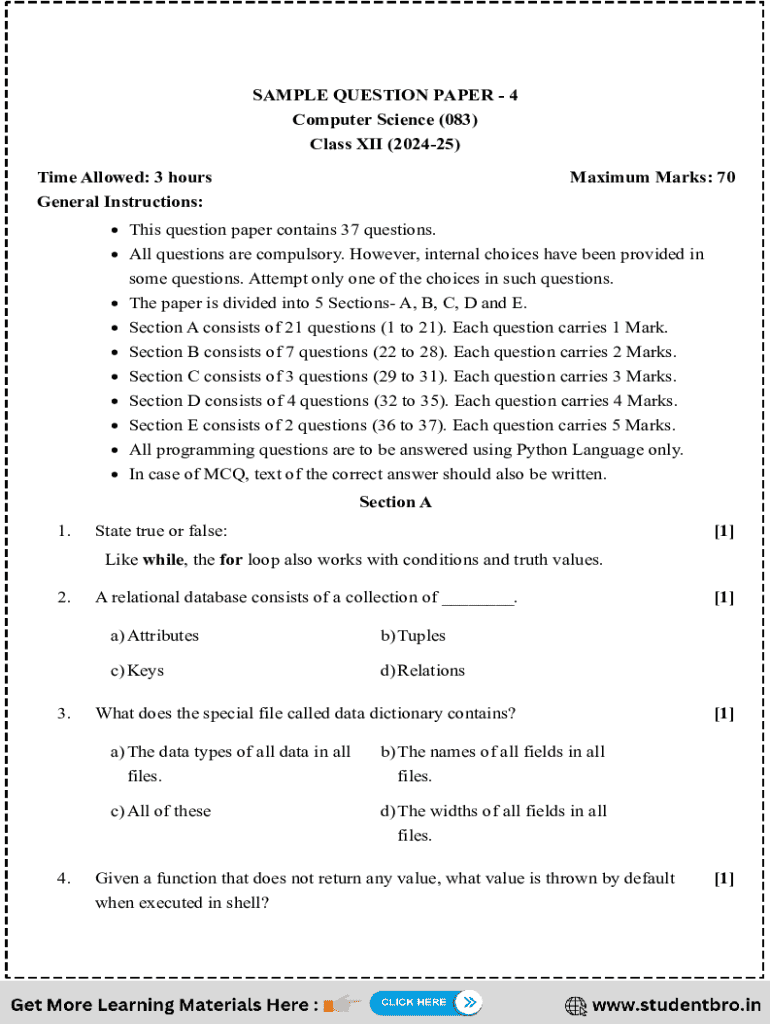 Fillable Online Computer Science (083) Class Xii (2024-25) Fax Email ...