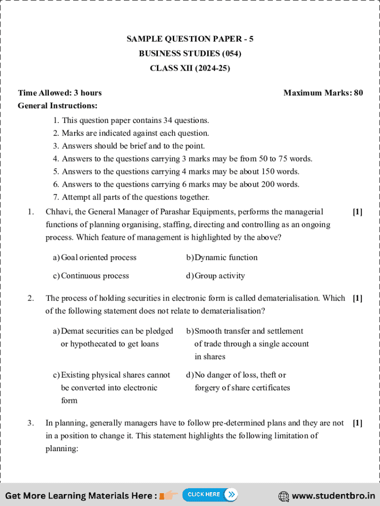 Fillable Online Business Studies (054) Class Xii (2024-25) Fax Email ...
