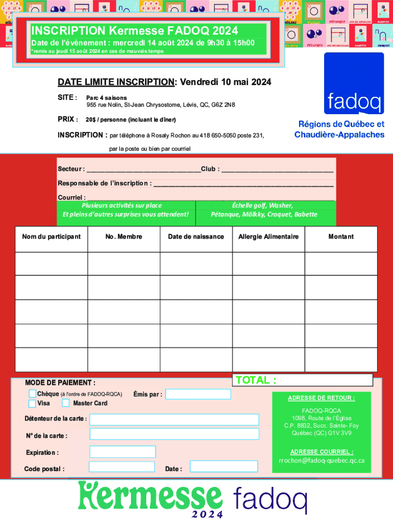 Remplissable en ligne Kermesse Fadoq 2024 Fax Email Imprimer - pdfFiller