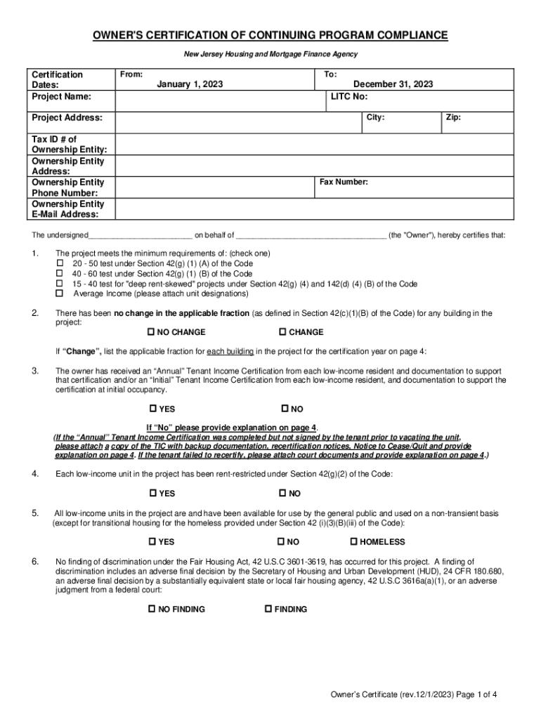 Fillable Online Owner's Certification of Continuing Program Compliance ...