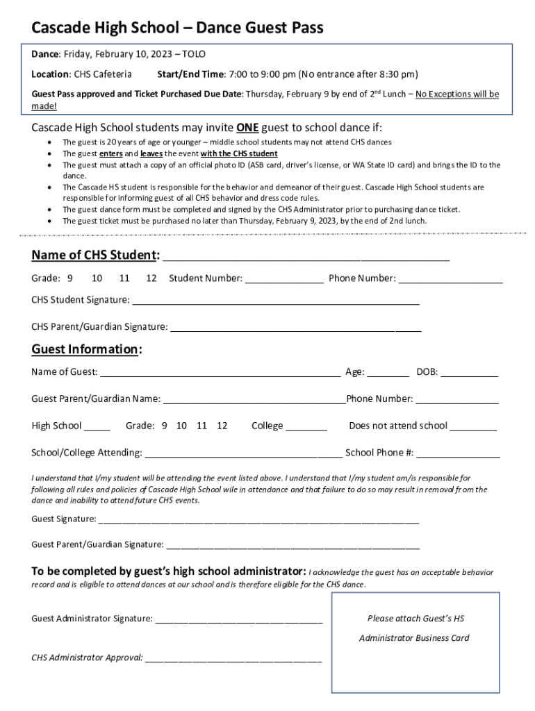 Fillable Online Cascade High School – Dance Guest Pass Fax Email Print ...