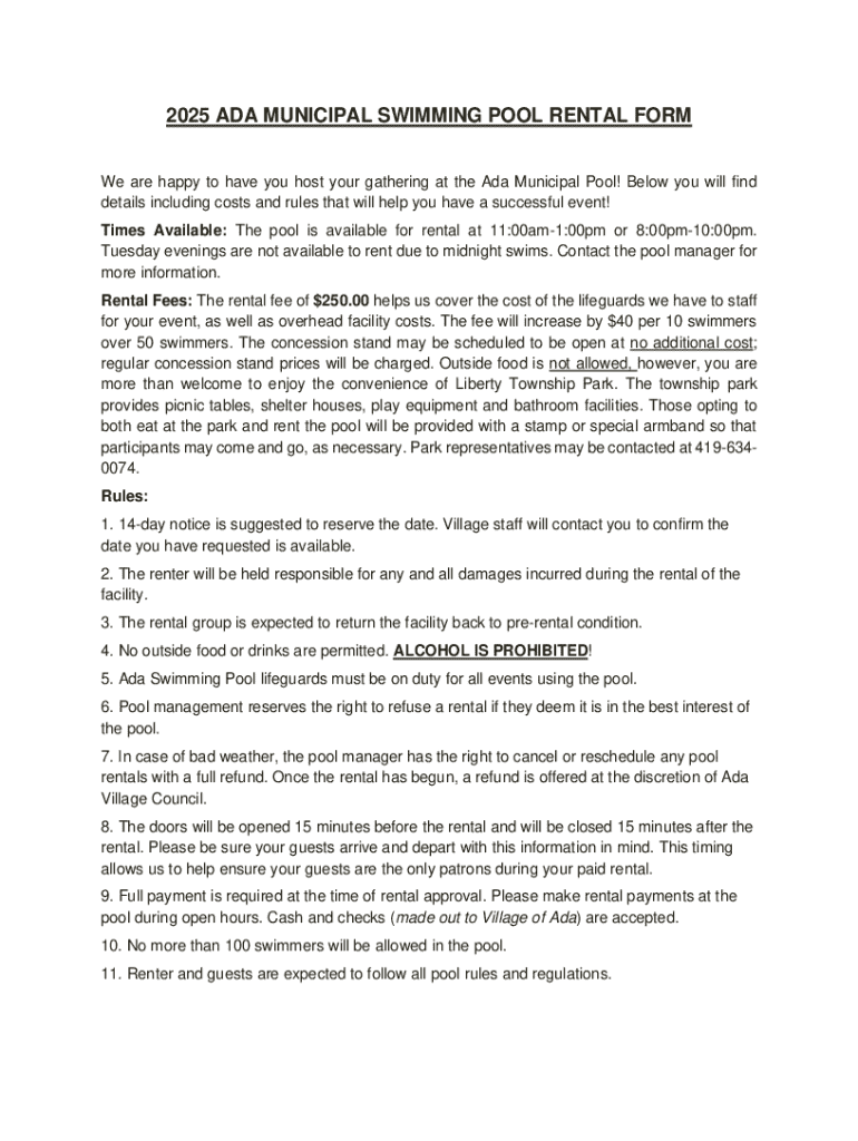Fillable Online 2025 Ada Municipal Swimming Pool Rental Form Fax Email ...