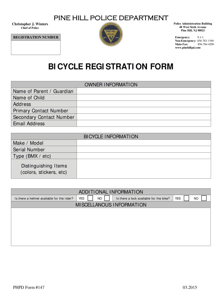 Fillable Online Bicycle registration form - Pine Hill Police Department ...