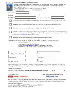 Fillable Online leandertx Defensive Driving Request Form Fax Email ...