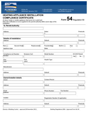 Fillable Online Form 54 Heating Appliance Compliance Certificate Fax ...