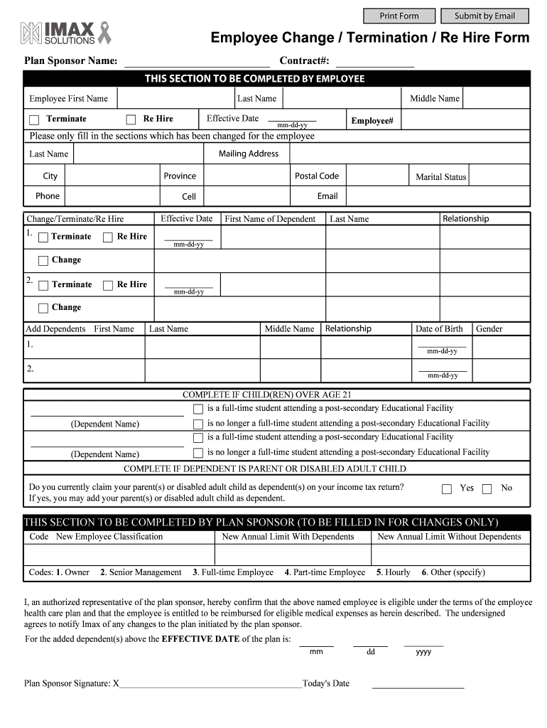 Fillable Online imaxsolutions Employee Change / Termination / Re Hire ...