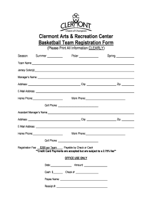 Fillable Online Clermont Arts & Recreation Center Basketball Team ...