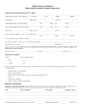 Fillable Online med umkc UMKC School of Medicine Allied Health Scholars Program Application ...