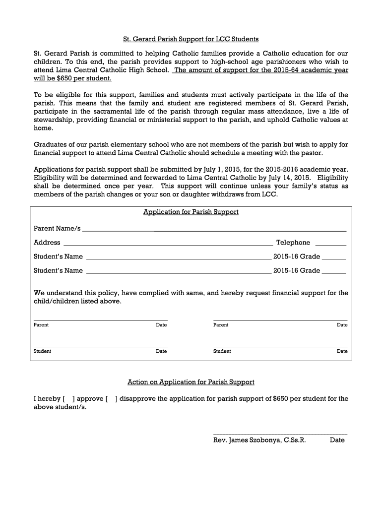 Fillable Online lcchs Gerard Parish is committed to helping Catholic ...