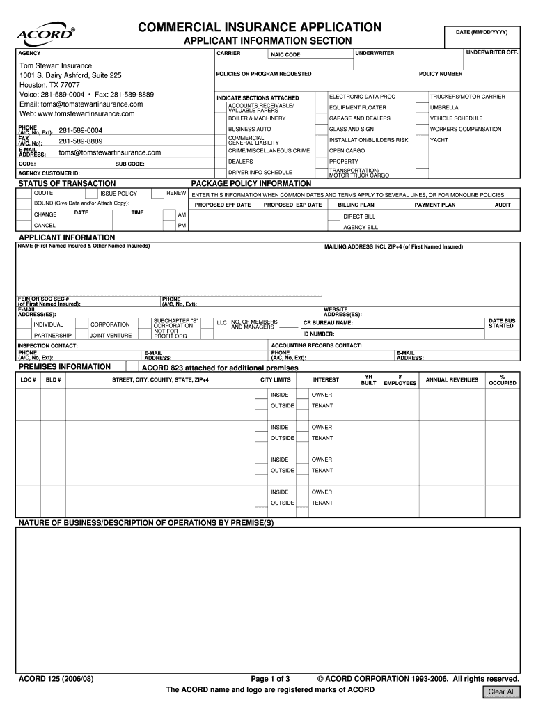 Fillable Online COMMERCIAL INSURANCE APPLICATION - Tom Stewart Insurance Fax Email Print - pdfFiller