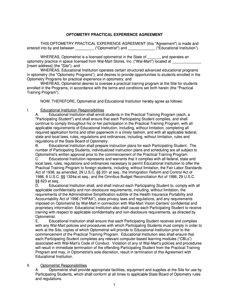 Fillable Online Optometric Practical Experience Agreement - Wal*Mart OD ...
