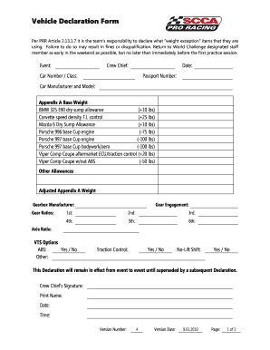 Fillable Online Vehicle Declaration Form - SCCA Pro Racing Fax Email ...