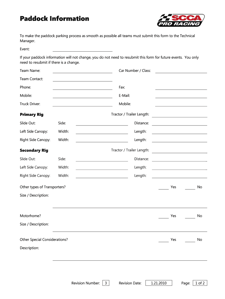 Fillable Online Paddock Information - SCCA Pro Racing Fax Email Print ...
