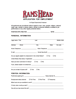 Fillable Online APPLICATION FOR EMPLOYMENT - Rams Head Group Fax Email ...