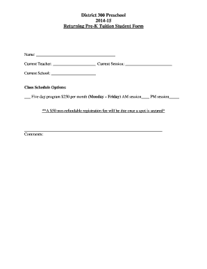 Fillable Online d300 District 300 Preschool 2014-15 Returning Pre-K ...