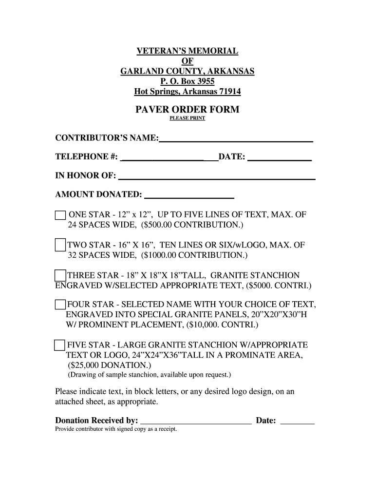 Fillable Online PAVER ORDER FORM - Garland County Veteran Services Fax Email Print - pdfFiller