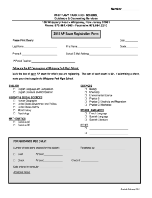 Fillable Online whippanypark 2015 AP Exam Registration Form - Whippany ...