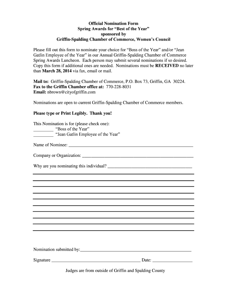 Fillable Online Official Nomination Form - Griffin-Spalding Chamber of ...