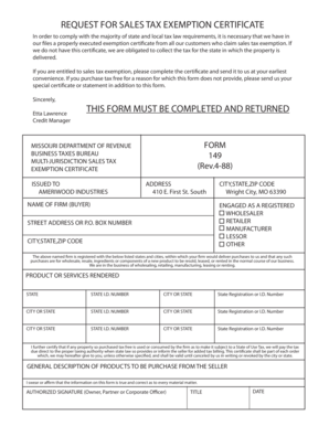 Fillable Online REQUEST FOR SALES TAX EXEMPTION CERTIFlCATE Fax Email ...