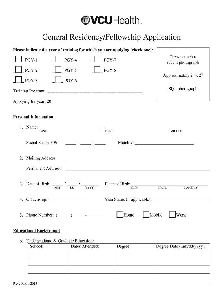 Fillable Online medschool vcu General Residency/Fellowship Application ...