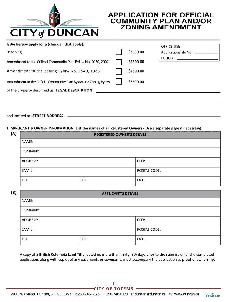 Fillable Online OCP & Zoning Amendment Application - City of Duncan Fax ...