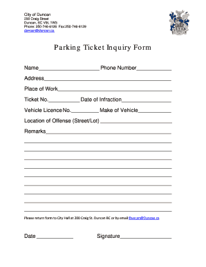 Fillable Online Parking Ticket Inquiry Form - City of Duncan Fax Email ...