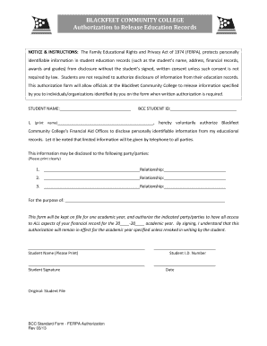 Fillable Online bfcc Authorization to release educational records ...