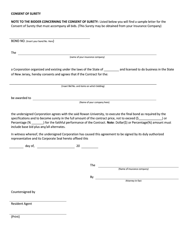 Fillable Online rowan NOTE TO THE BIDDER CONCERNING THE CONSENT OF ...