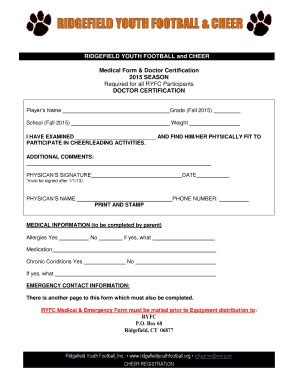 Fillable Online RIDGEFIELD YOUTH FOOTBALL and CHEER Medical Form ...