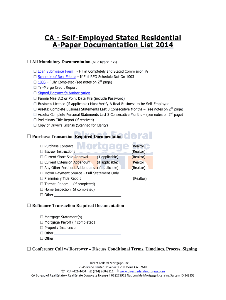 Fillable Online CA - Self-Employed Stated Residential A-Paper ...