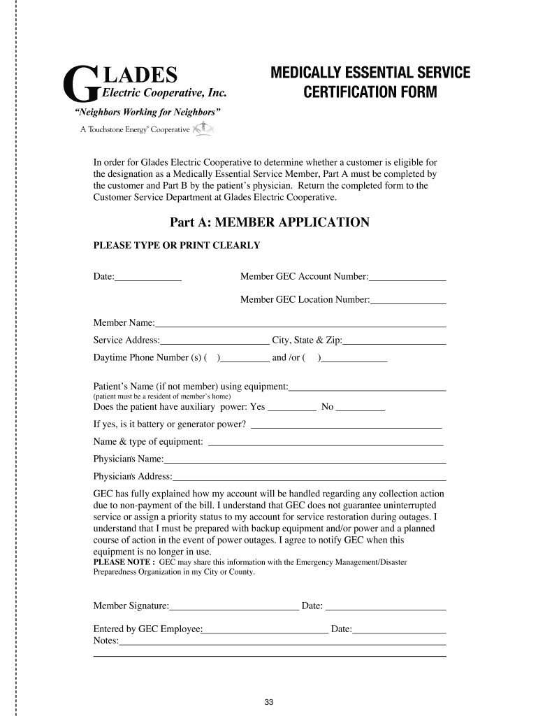 Fillable Online MEDICALLY ESSENTIAL SERVICE CERTIFICATION FORM Fax ...