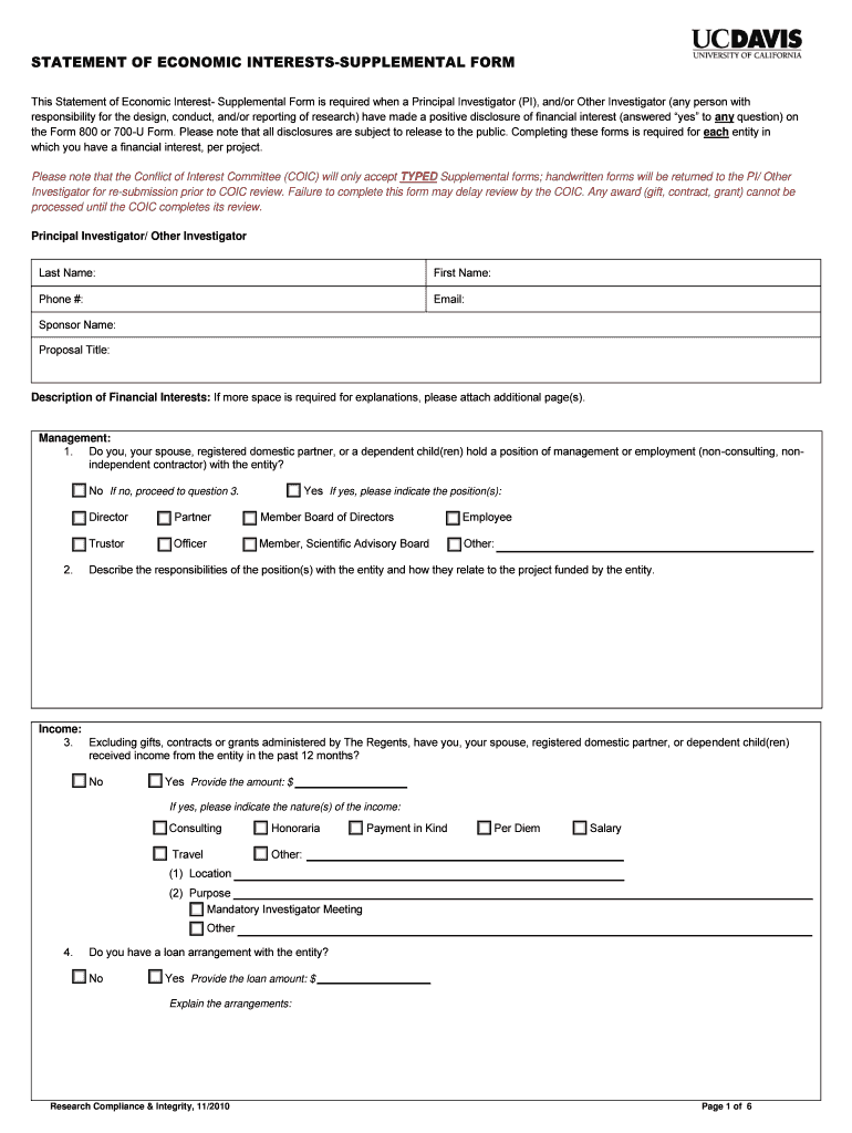 Fillable Online research ucdavis STATEMENT OF ECONOMIC INTERESTSSUPPLEMENTAL FORM Fax Email ...