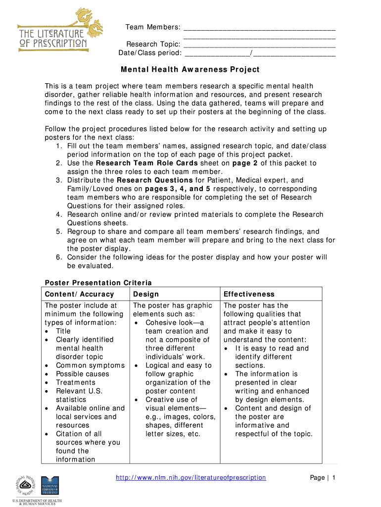Fillable Online nlm nih Mental Health Awareness Project. Health Lesson ...
