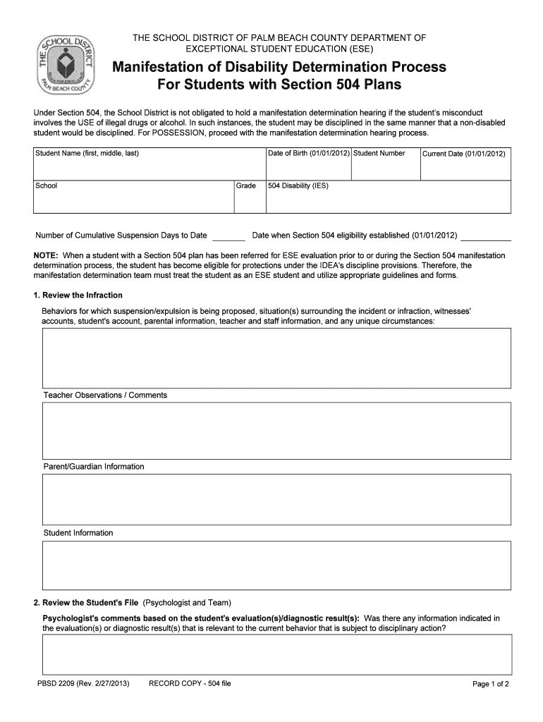 Fillable Online palmbeachschools Manifestation of Disability ...