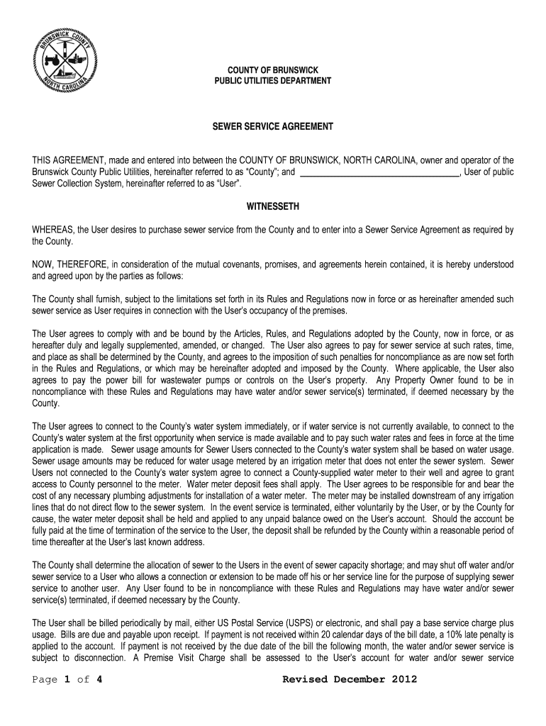Fillable Online brunswickcountync SEWER SERVICE AGREEMENT Fax Email ...