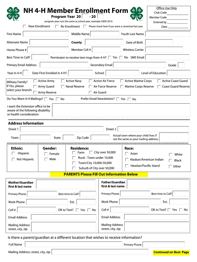 Fillable Online extension unh NH 4-H Member Enrollment. NH 4-H Member ...
