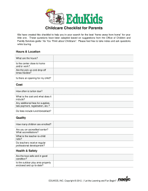 Fillable Online Childcare Checklist for Parents Fax Email Print - pdfFiller