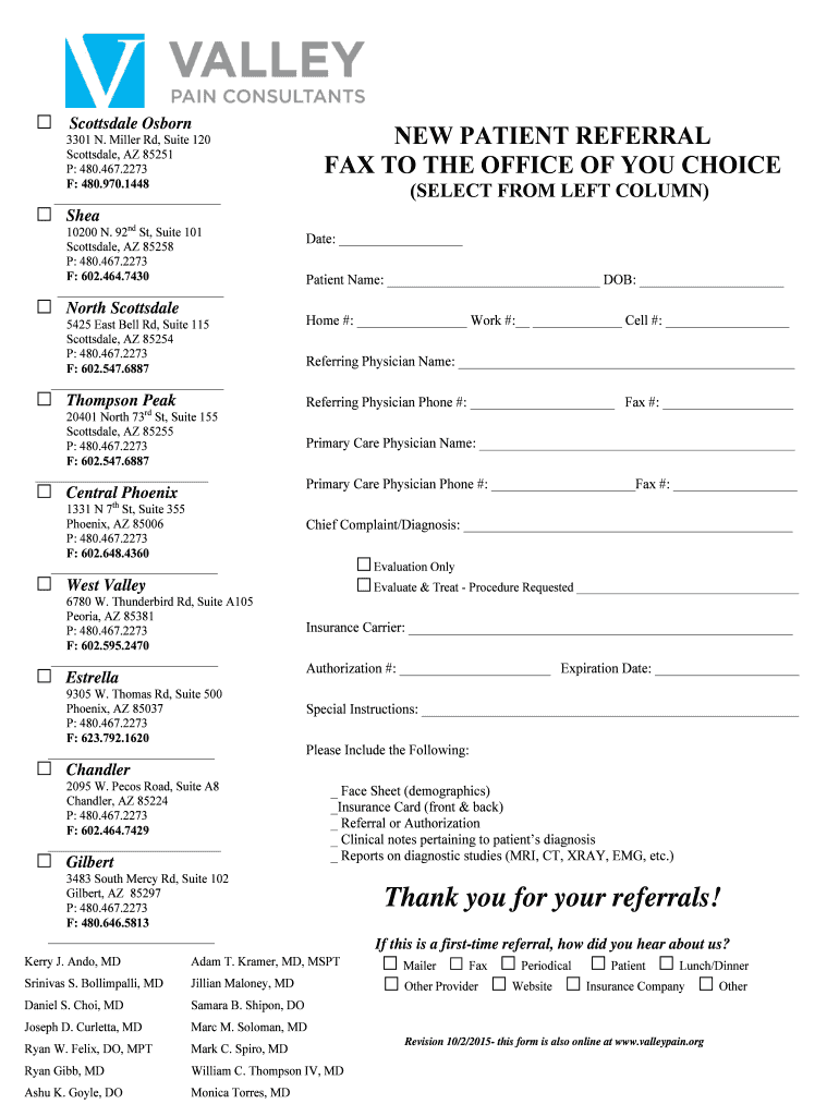 Fillable Online valleypain New Patient Referral Form - Valley Pain Consultants Fax Email Print ...