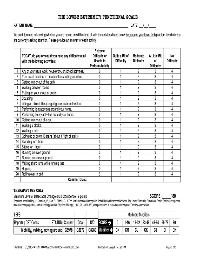 Lower Extremity Functional Scale Printable Fill Online Printable 