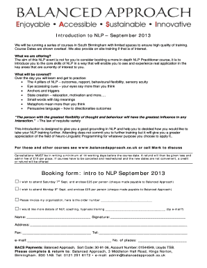 Fillable Online Booking form: intro to NLP September 2013 Fax Email ...