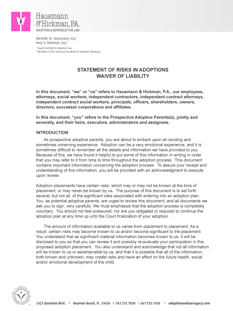 Fillable Online Statement of Adoption Risks - Adoption & Surrogacy Fax ...