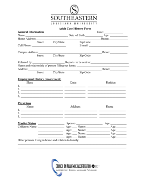 Fillable Online selu Adult Case History Form - selu Fax Email Print ...