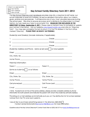 Fillable Online keyschooldc PTA 2011- Key School Family Directory Form ...