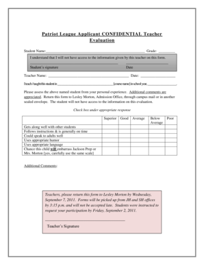 Fillable Online Confidential Teacher Evaluation Form - Jackson Preparatory School Fax Email ...