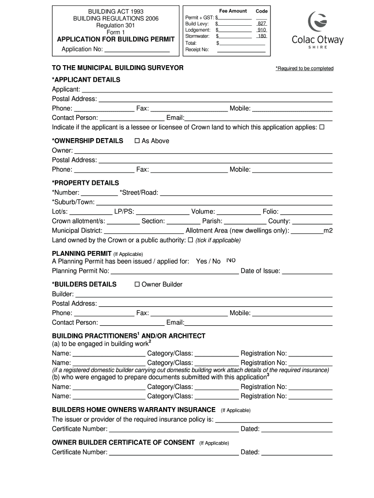 Fillable Online Fee Amount BUILDING ACT 1993 BUILDING REGULATIONS 2006 ...