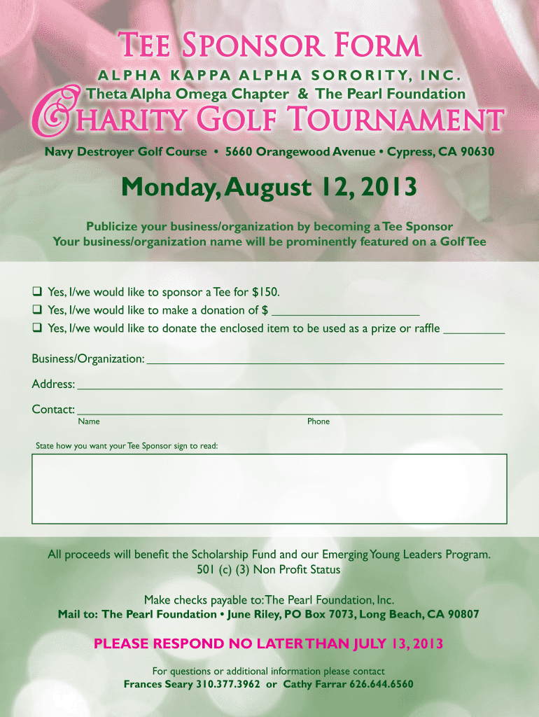 Fillable Online thepearlfoundation Tee Sponsor Form Charity Golf ...